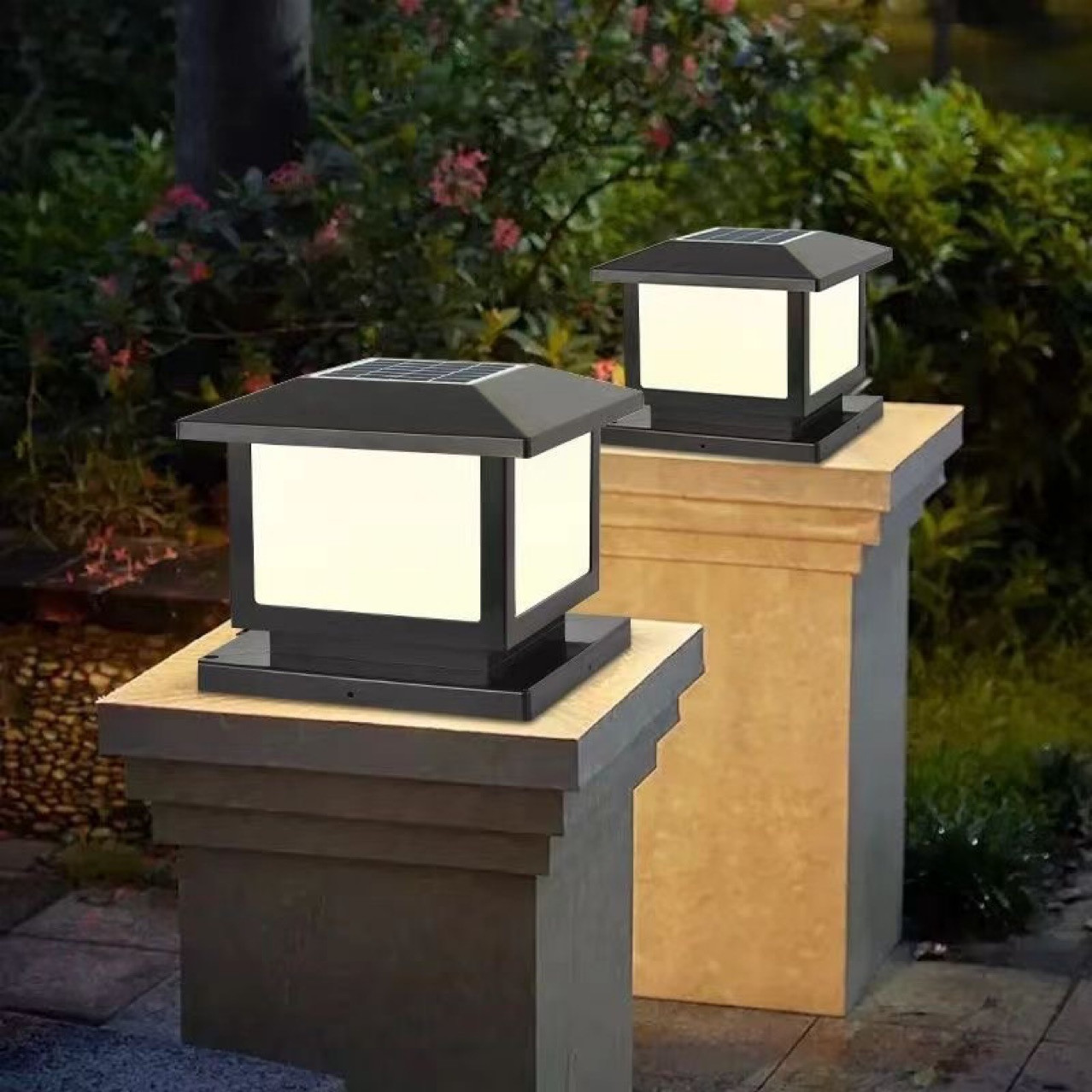 Square Solar Pillar Light Outdoor Waterproof Solar Fence Lights Black ...